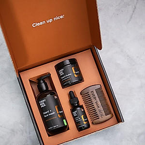 Every Man Jack Mens Aged Bourbon Beard Kit - Perfect for Every Guy - Includes Four Full-Sized Grooming Essentials - Beard + Face Wash, Beard Oil, Beard Butter + Beard Comb