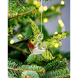 Nefelibata Hummingbird Ornament Glass Green Figurine Crystal Hanging Bird Art Christmas Xmas Tree Suncatcher Window Decor Memorial Gift for Her Friend Bird Lover Set of 1 Party Home Decorations