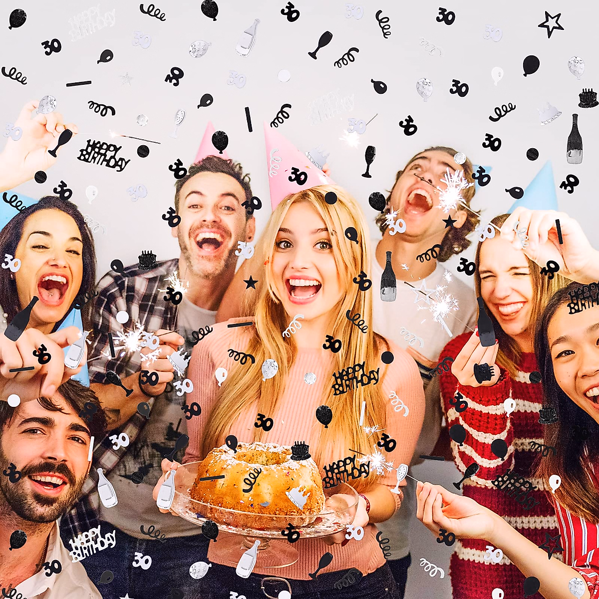 3000 PCS Black Silver 30th Happy Birthday Confetti Decorations with Diamonds Black Silver 30th Birthday Party Table Decor Metallic Foil Confetti Scatter for Men Women Birthday Anniversary Party DIY