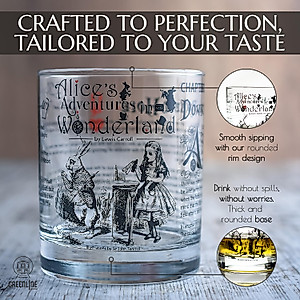 Greenline Goods Whiskey Glasses - Alice in Wonderland (Set of 2) | Literature Rocks Glass with Lewis Carroll Book Images & Writing