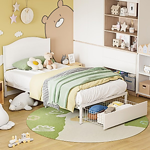 Elephance Twin Bed Frames with Under-Bed Drawer and Headboard, Metal Bed Frame No Box Spring Needed, Noise Free, Easy Assembly