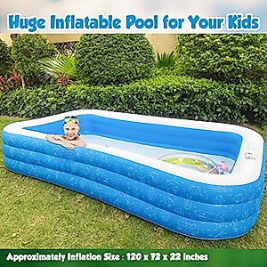 PartyGears Inflatable Swimming Pool for Kids, 120" X 72" X 22" Family Full-Sized Inflatable Kiddie Lounge Pool for Adult & Ages 3+,Good for Outdoor, Garden, Backyard Use, Blue