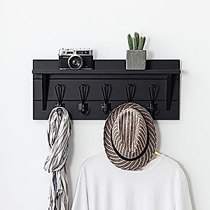 Zoopolyn Wall Shelf with Hooks Underneath 24’’ Long Wall Mounted Coat Rack with Shelf Coat Rack Wall Mount with Shelf Key Hooks for Wall Entryway Shelves for Wall 5 Triple Hooks Black