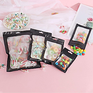 Bezall 100Pcs Mini Resealable Mylar Bags with Window, Smell Proof Zip Lock Food Storage Bags Foil Pouch for Packaging Small Business Candy Sample Jewelry (Black, 3x4.7 Inches)