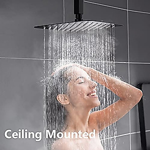 Esnbia 12" Rain Shower Head, Stainless Steel Rainfall Ceiling Mount Shower Head, 2.5 GPM Water Flow, Matte Black （Shower Arm NOT Include）