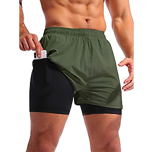 Pudolla Men’s 2 in 1 Running Shorts 5" Quick Dry Gym Athletic Workout Shorts for Men with Phone Pockets(Dark Green Small)