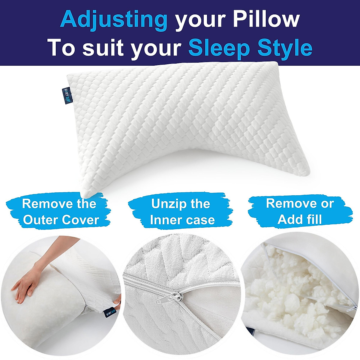 Sidney Sleep Set of 2 Queen Size Bed Pillows for Side and Back Sleepers - Adjustable Filling - Memory Foam Pillows for Neck and Shoulder Pain - Customizable Loft - Extra Foam Included (White)