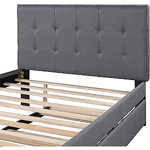 CITYNIGHT Upholstered Full Size Platform Bed with Headboard and Trundle,Linen Wood Full Trundle Bed Frame for Kids Teens,No Box Spring Needed (Full,Grey+Trundle)