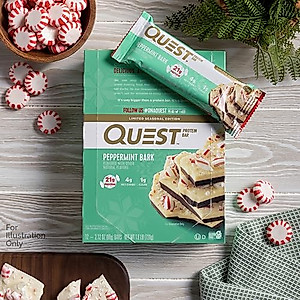 Quest Nutrition Peppermint Bark Protein Bar, 21g Protein, 4g Net Carb, 1g Sugar, Gluten Free, 12 Count