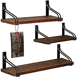 TJ.MOREE Bathroom Shelves Wall Mounted, Floating Shelves Set of 3, Rustic Wood Wall Storage Shelf Decor for Bedroom, Living Room, Kitchen, Office - Carbonized Brown