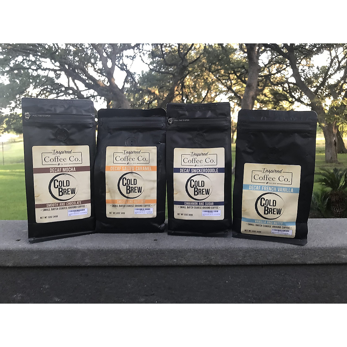Decaf French Vanilla - Flavored Cold Brew Coffee - Inspired Coffee Co. - Swiss Water Process - Coarse Ground Coffee - 12 oz. Resealable Bag, Blue and Black