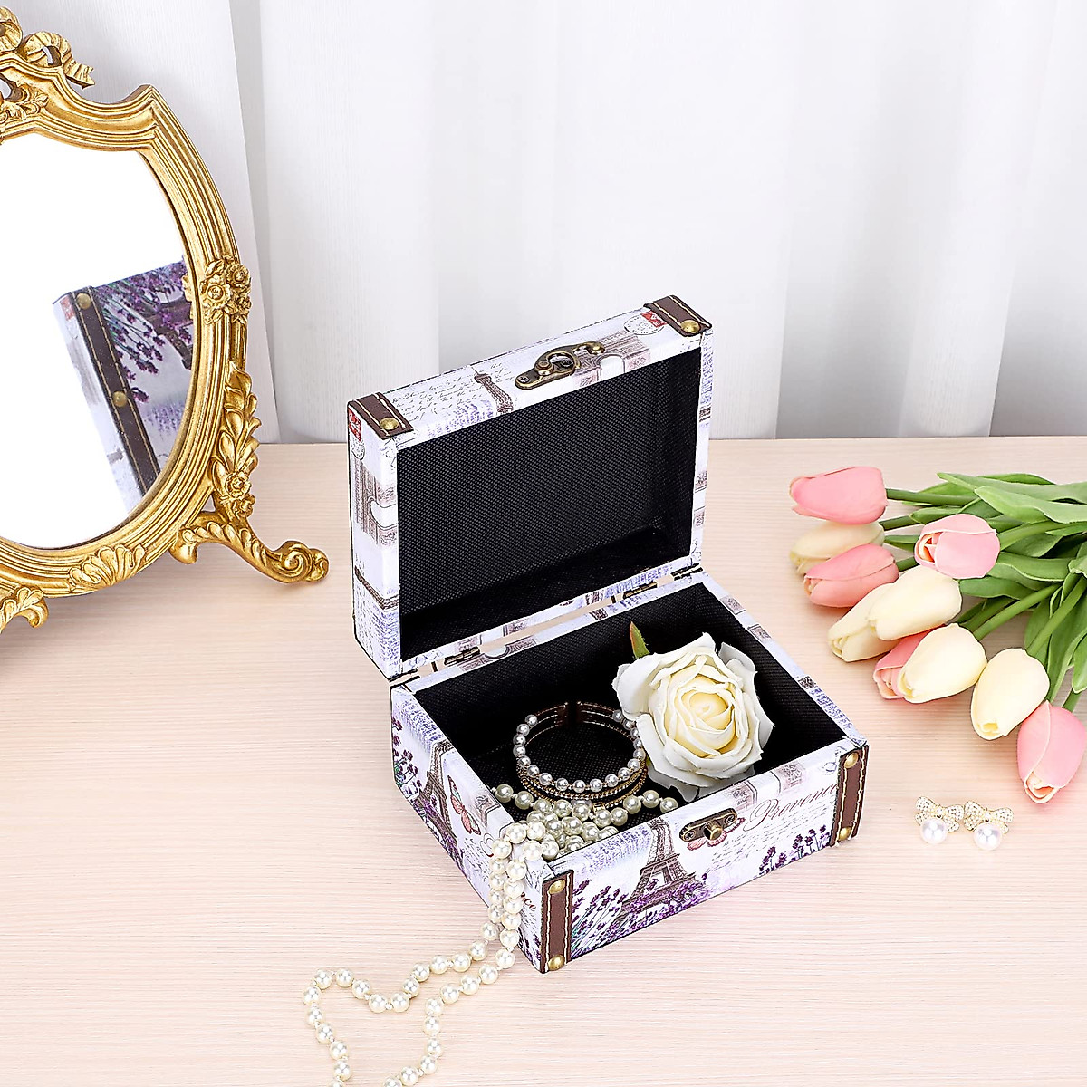 ELLDOO Decorative Treasure Chest Box, Wooden + PU Leather Storage Box for Jewelry Trinkets, Keepsakes box for Girls Women Gifts (Tower Pattern)