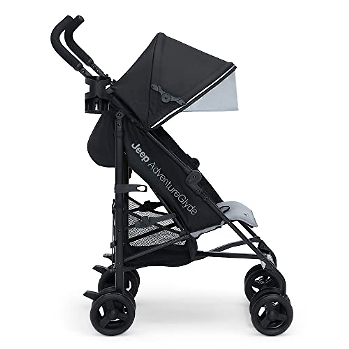 Jeep AdventureGlyde Stroller by Delta Children - Lightweight Travel Stroller with Smoothest Ride & Compact Fold, 3-Position Recline, Extra Large Storage Basket, Black/Grey