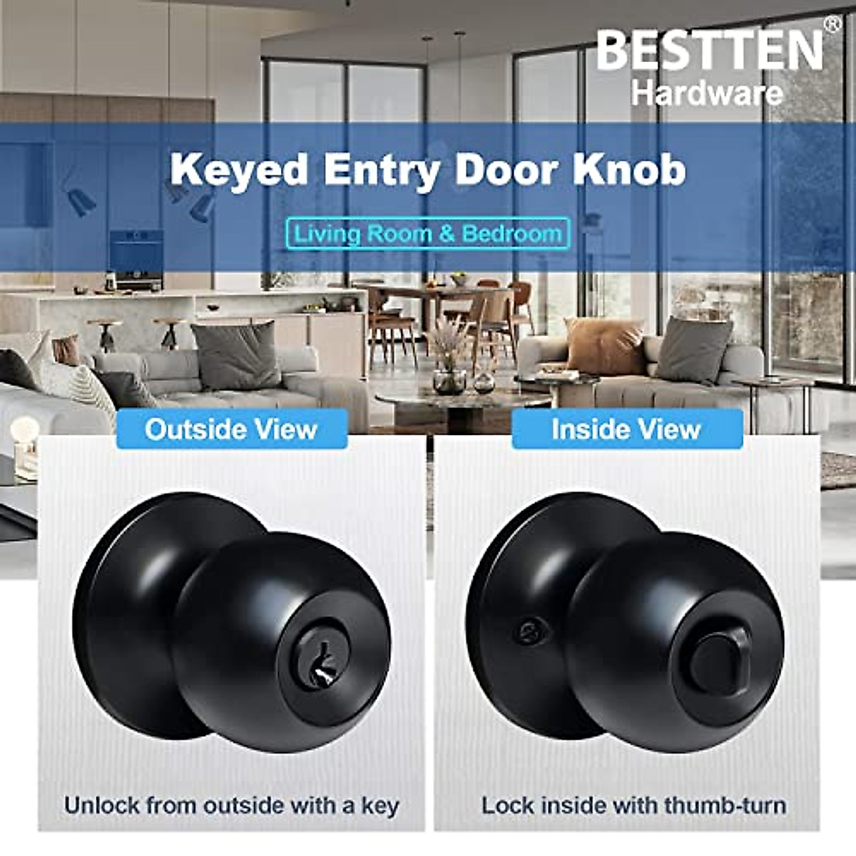 BESTTEN Matte Black Keyed Entry Door Knob, Entrance Door Lock, Standard Ball, All Metal