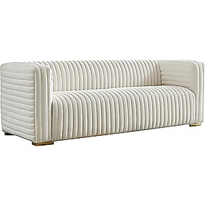 Meridian Furniture 640Cream-S Ravish Collection Modern | Contemporary Velvet Upholstered Sofa with Deep Channel Tufting + Both Gold & Chrome Legs Included