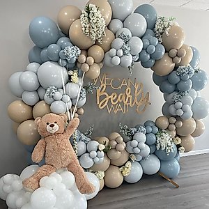 Blue Balloon Arch Kit, 132Pcs Dusty Light Baby Blue Balloons Garland with Brown Double Stuffed Balloons for Baby Shower Gender Reveal Boy Birthday Bear Theme Party Decorations Supplies