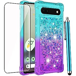CAIYUNL for Google Pixel 7a Case with Screen Protector, Glitter Bling Floating Liquid Women Girls Soft TPU Slim Cute Phone Case Shockproof Protective Cover for Google Pixel 7a (2023)-Blue/Purple