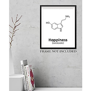 Happiness Serotonin Molecule Wall Art 11x14 Unframed Art Print Poster Black on White for Office, Classroom, Science Laboratory or Home Décor. Great Gift For Scientists, Chemists, Geeks and Nerds