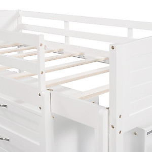 MERITLINE Twin Loft Bed with Slide, Kids Loft Bed with Storage Shelves and Drawers, Wood Low Loft Bed with Cabinet, Twin Size Loft Bed Frame for Living Room, Bedroom (White, New)