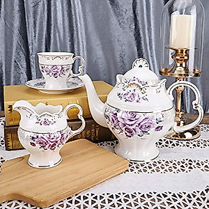 fanquare 15 Piece Porcelain Tea Set for Adults, Wedding Tea Service, Large British Teapot with Cups, Purple Rose