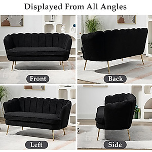anwickjeff 59" Wide Modern Boucle Loveseat Small Sofa Small Mini Room Couch 2-Seater Sofa with Gold Metal Legs for Small Space Office Studio Apartment Bedroom (Black)