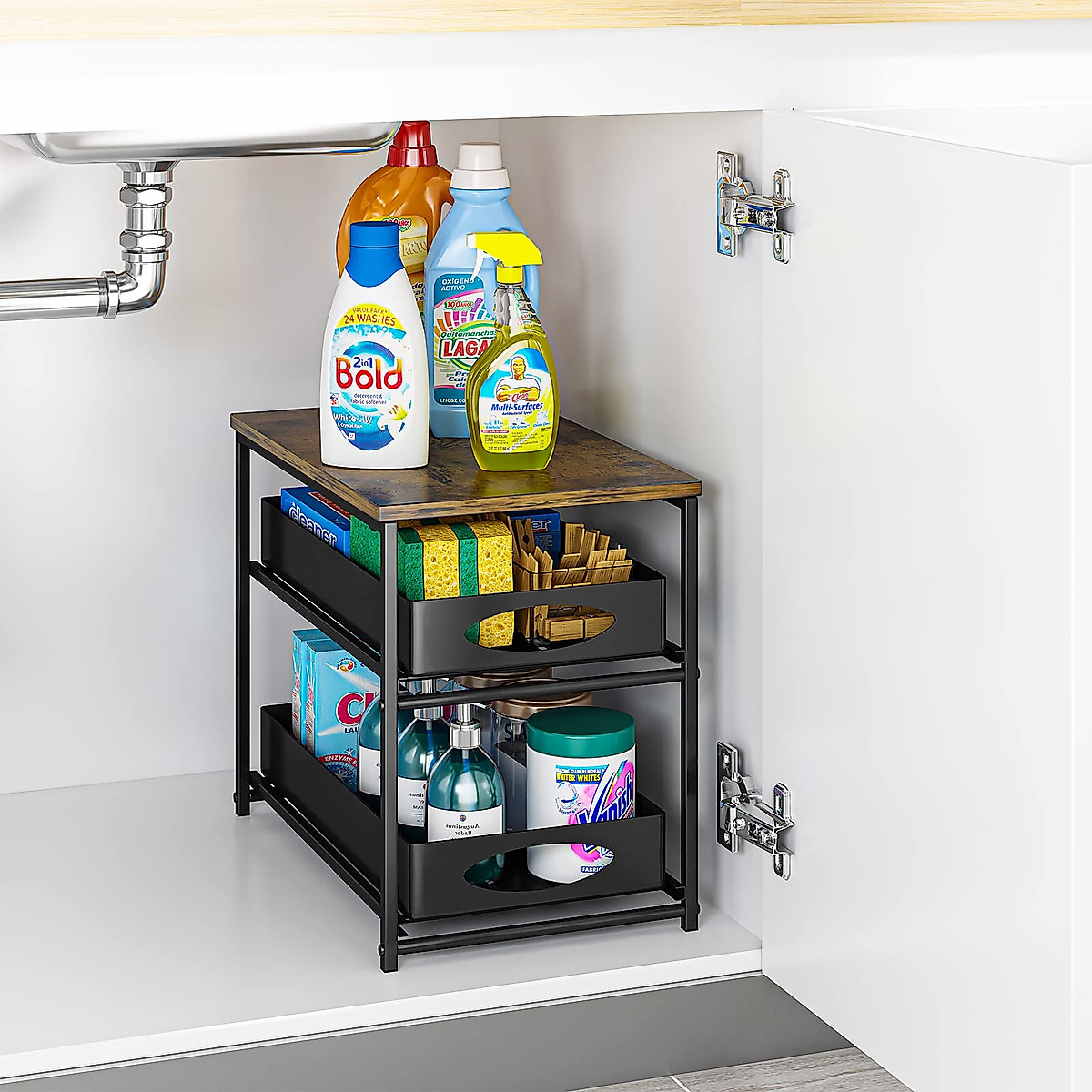 LEGUANG Under Sink Organizer with Tabletop, Under Sliding Cabinet Basket Organizer, Bathroom Storage Rack with Sliding Drawers, Mesh