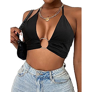 Avidlove Deep V Neck Tank Tops for Women Knot Tie Halter Backless Crop Tops Sexy Sleeveless Plunging Women Tops with Ring(Black Large)