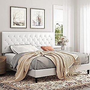 Keyluv Upholstered Platform Bed Frame with Button Tufted Headboard, Faux Leather, Wooden Slats Support, No Box Spring Needed, Easy Assembly, King Size, White