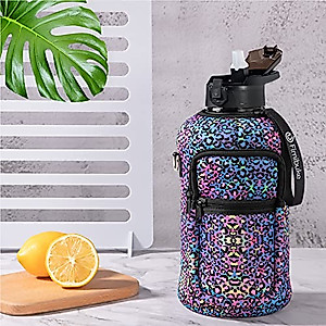 Fimibuke 64 OZ Water Bottle with Handle & Straw, Leakproof Motivational Sports Gym Water Bottle with Time Marker, BPA Free, Neoprene Holder, Leopard