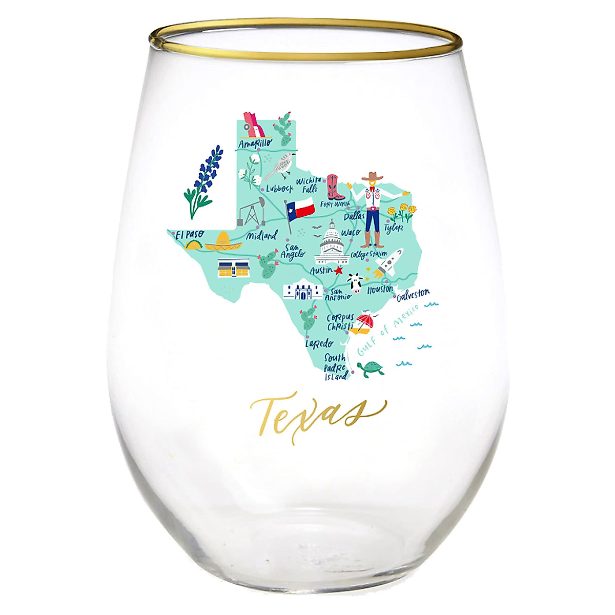 Mary Square State of Texas Gold Foil 16 ounce Glass Stemless Wine Glass