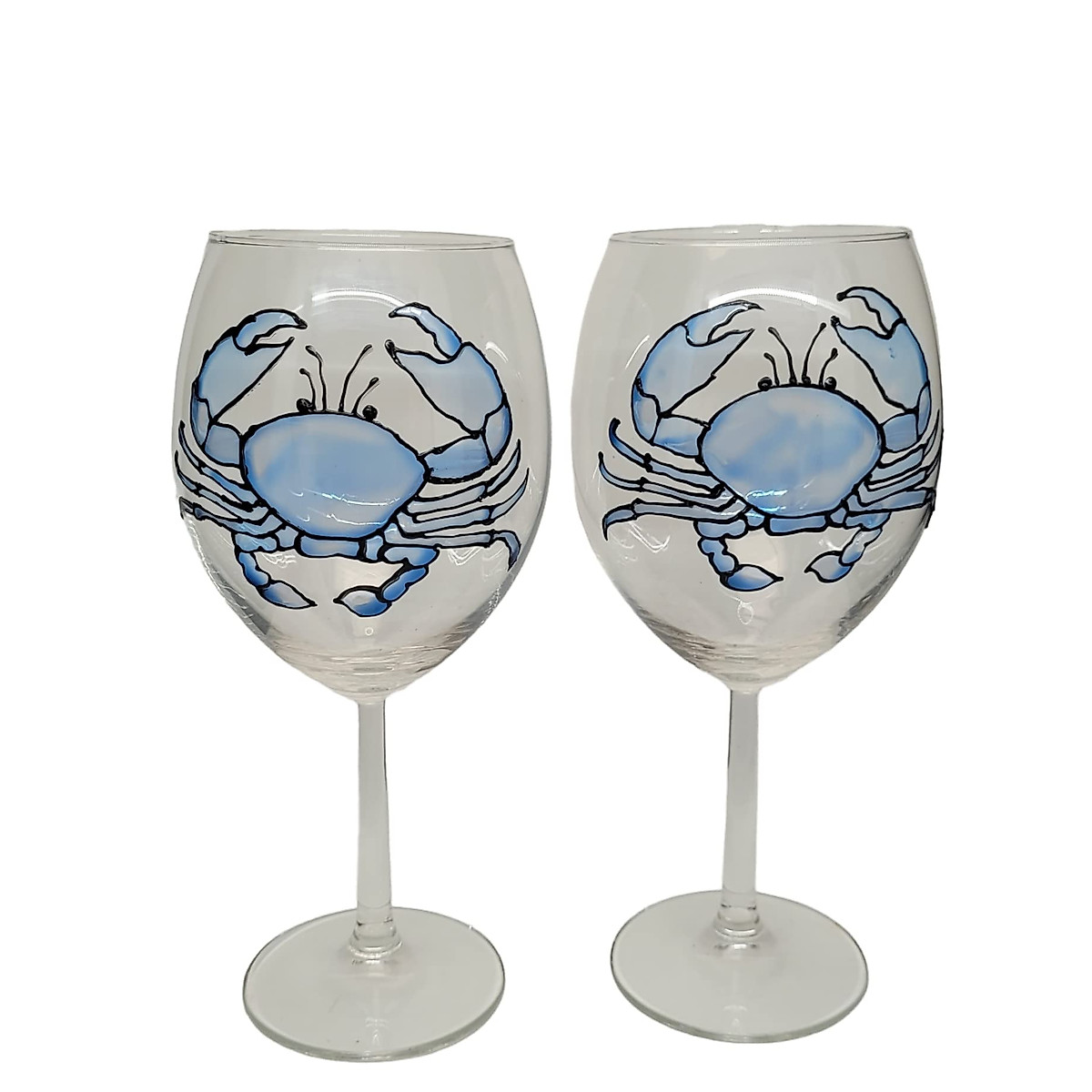 Blue Crab Hand Painted Stained Glass Stemmed Wine Glasses Set of 2
