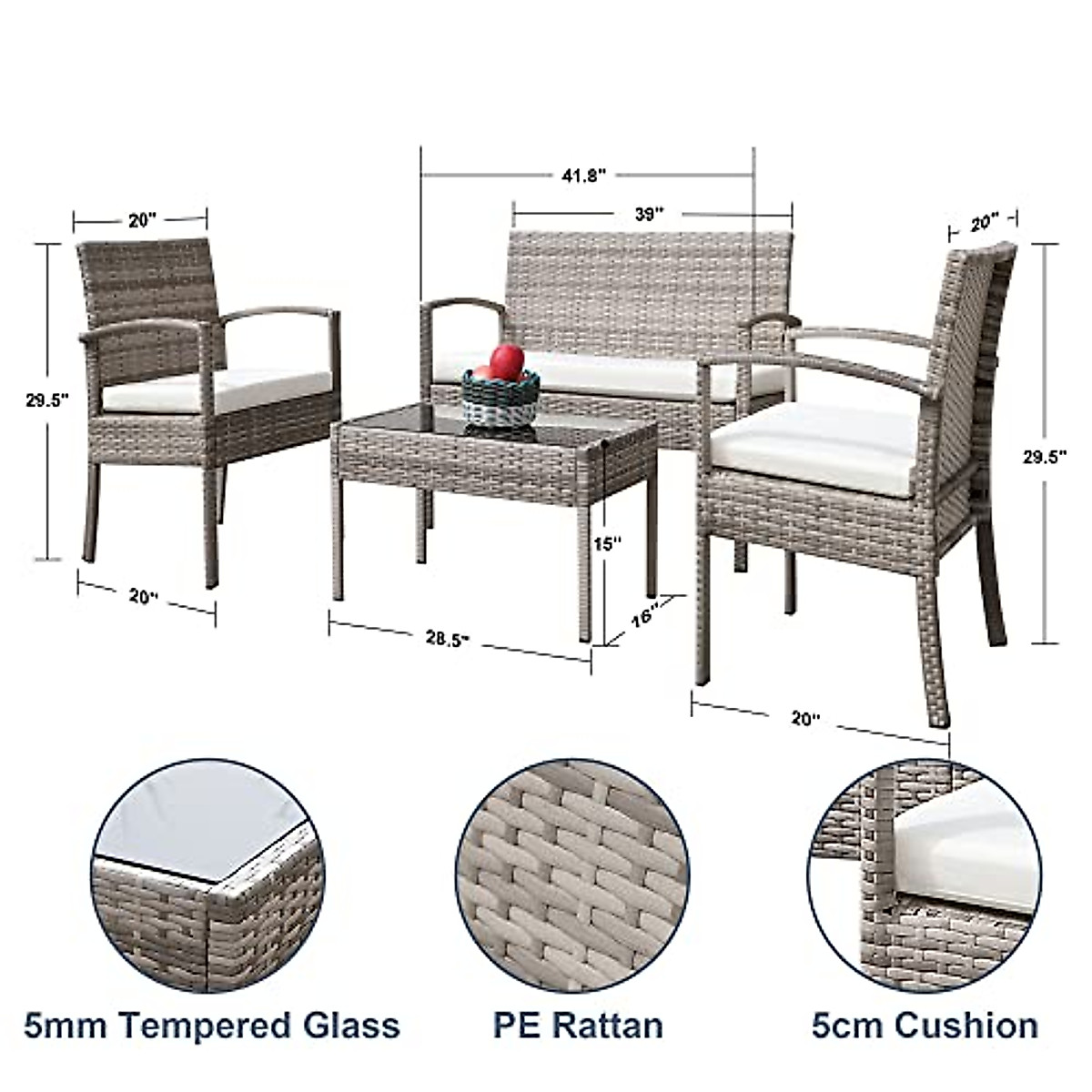 EMKK 4 Pieces Outdoor Sectional Wicker Patio Furniture Sets, All-Weather Rattan Sofa Conversation Cushions, Loveseat, Glass Table, Shallow Grey