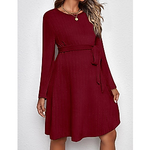 Ekouaer Womens Maternity Dress Rib Knit Long Sleeve Pregnancy Dresses Crewneck Pregnant Clothes with Belt Wine Red XL