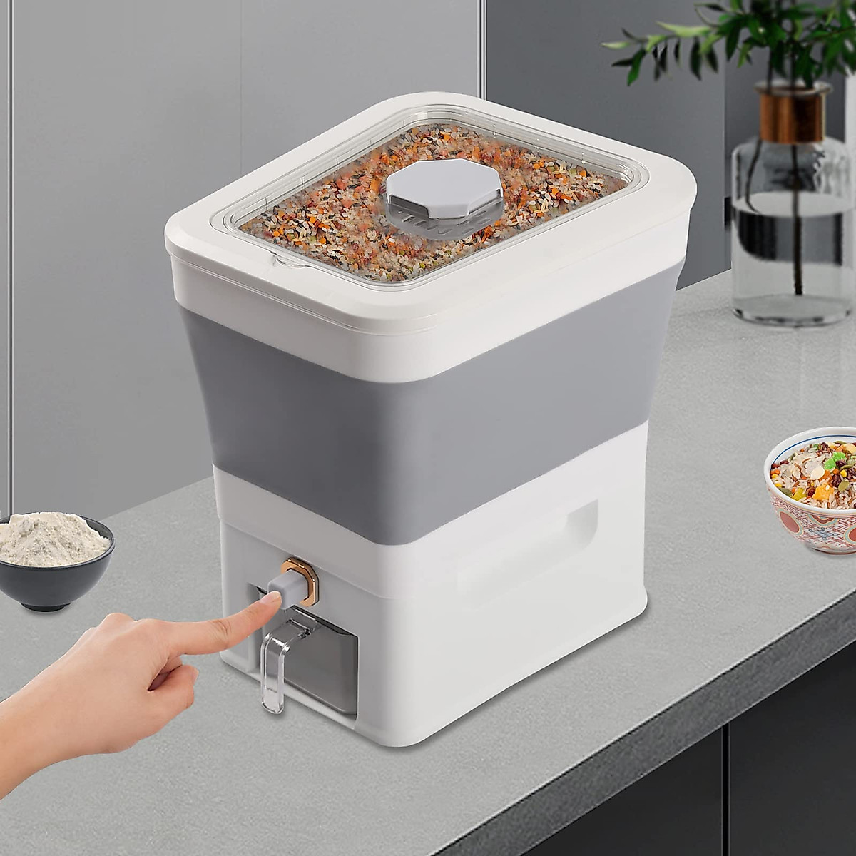 Rice Food Storage Containers, Collapsible 11.6 to 26 Lbs Rice Dispenser with Airtight Locking Lid, Grain Container Food Storage Bin for Kitchen, Dog Pet Cat Flour Sugar Kitchen Pantry Holder