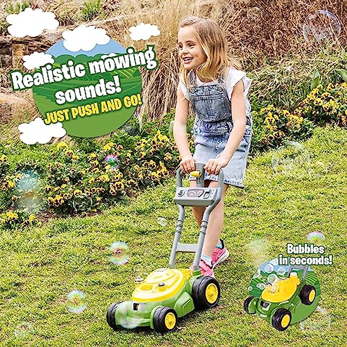 John Deere Bubble-N-Go Mower – Toy Lawn Mower with Bubble Solution | Green Automatic Bubble Machine | No Batteries Required – Sunny Days Entertainment,Green/Yellow