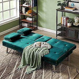 Eafurn Upholstered Futon Sofa Bed with Mattress and Frame, Convertible Loveseat Lounge Couch Daybed,Folding Love Seat w/Adjustable Backrest Sofabed, Green Soft Velvet