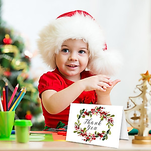 AnyDesign 30 Pack Christmas Thank You Cards Bulk Watercolor Floral Garland Greeting Cards with Envelope Sticker Flower Blank Note Cards