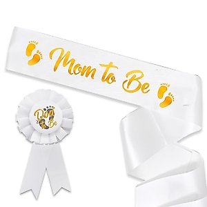 Vukasi 2Packs Baby Shower Sash Decorations Mom to Be Dad to Be Tinplate Badge with Gold Pattern for Girl Boy Gender Baby Welcome Party White（61.4 x 3.47 inch