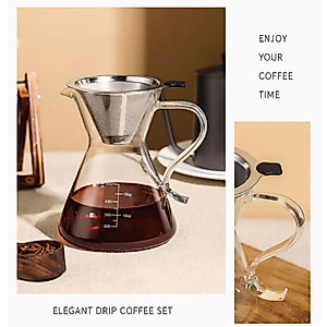 COFISUKI Pour Over Coffee Maker - Elegant Drip Coffee Maker with Reusable Stainless Steel Filter/Dripper, Lead-Free Borosilicate Glass Coffee Carafe for 1-4Cup (500ml/17oz)