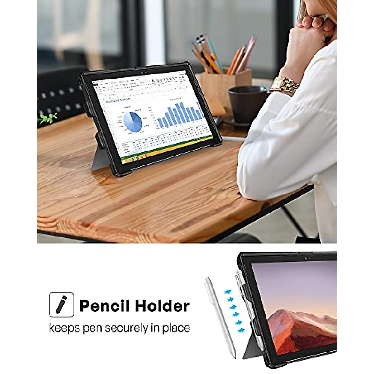 ProCase Case for 12.3" Microsoft Surface Pro 7 Plus, Pro 7, Pro 6, Pro 5, Pro 2017, Pro 4, Pro LTE, Rugged Protective Cover with Pencil Holder, Hand Strap, Compatible with Type Cover Keyboard -Black