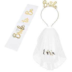 ASTER Bride to Be Set, Bride to Be Sash & Headband Tiara & Shoulder Length Veil Bachelorette Party Supplies Bridal Shower Decoration Accessories (White)