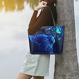MNSRUU Tote Bag for Women Cat And Butterfly With Blue Light Shoulder Bag Big Capacity PU Leather Handbag
