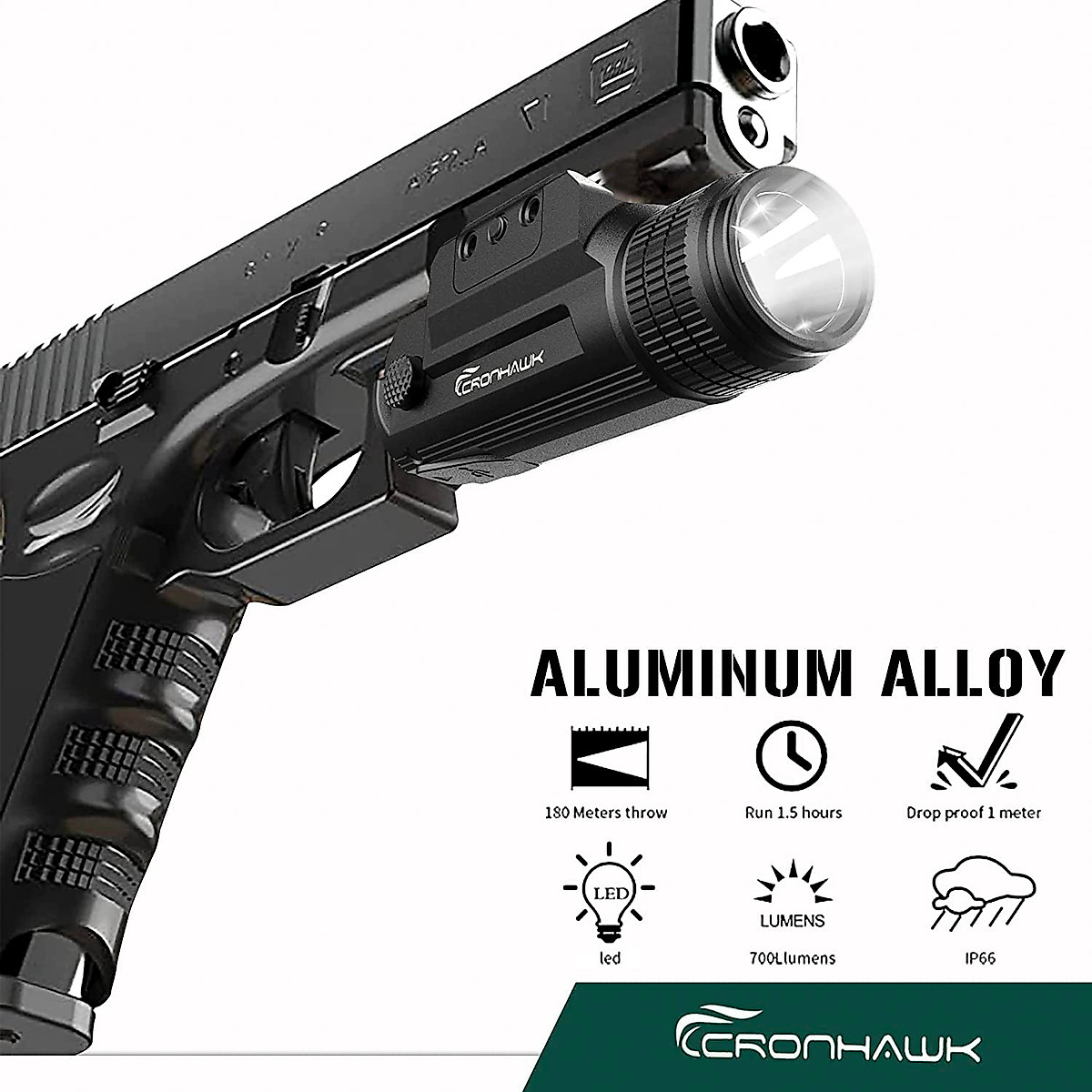 CRONHAWK Pistol Flashlight Rechargeable 700 Lumen Rail Mounted Tactical Flashlight Compact Weapon Light for Gun Light fits Picatinny