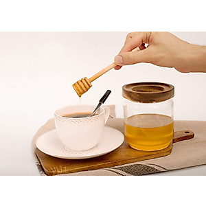 Honey Jar Pot Glass Holder Dispenser Set with Wooden Dipper Stick and Acacia Lid Cover for Home Kitchen, Clear, Modern Honey Syrup Glass Container for Storage Gift, Honey Pot and Drizzler (14 Oz)