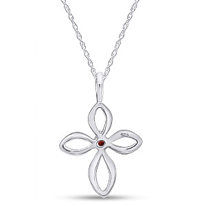 AFFY Round Shape Simulated Garnet Open Cross Pendant Necklace in 14k White Gold Over Sterling Silver for Women 18" Chain