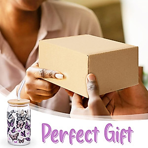 Nefelibata Butterfly Iced Coffee Glass Beer Can Glass Color Changing 16 OZ Pastel Pink & Purple Swallowtail Butterflies Art Glass Mug Present with Lid Drinking Straw Spring Mother's Day Gifts for Her