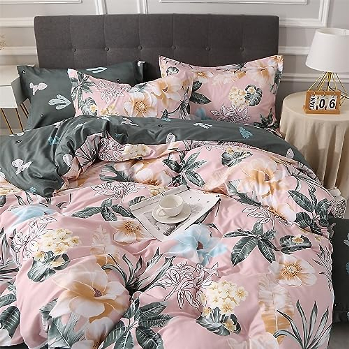 KIUINNO Floral Duvet Cover Twin Size - Soft and Breathable Bedding Set with Zipper Closure & Corner Ties, 2 Pieces, 1 Duvet Cover 66"x90" and 1 Pillow Shams, Comforter Not Included