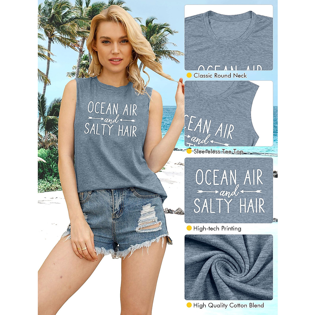 Beach Tanks for Women Ocean Air and Salty Hair Tank Top Funny Cruise Summer Sleeveless Family Vacation Vest Shirts
