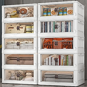 Storage Bins with Lids, 23 Gal White Closet Organizers and Storage, 5 Packs Collapsible Storage Bins with Wheels, Plastic Storage Bins, Double Door Stackable Storage Bins for Home and Office