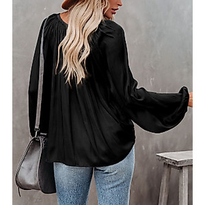 LAMISSCHE Womens Sexy Deep V Neck Blouse Lantern Long Sleeve Chiffon Shirt Oversized Drawstring Silk Satin Tunic(Black,L)